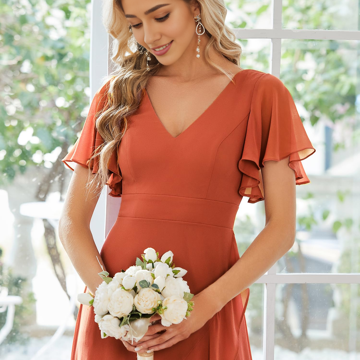 Wholesa A Line Double V Neck Ruffle Hem Backless High Low Chiffon form ...