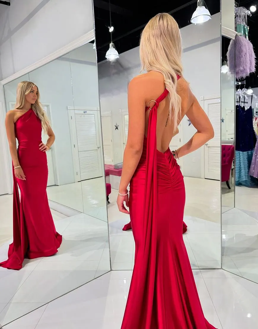 Wholesa Mermaid One Shoulder Open Back Long Red formal dresses evening ...