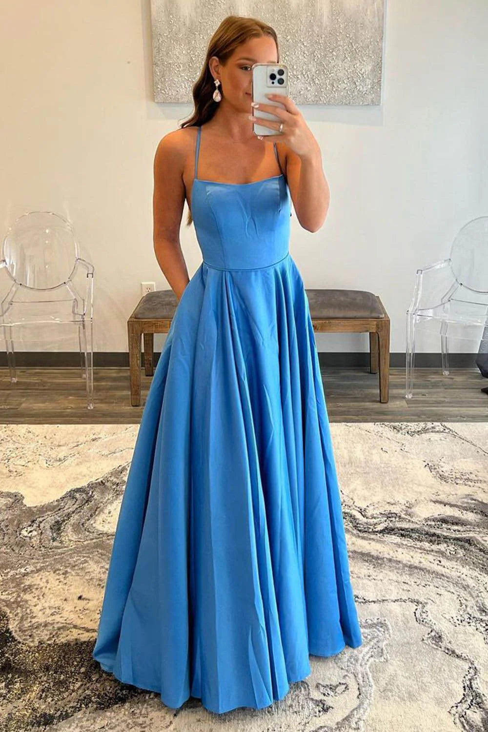Wholesa A-Line Halter Backless Satin Long Prom Dress with Pockets ...