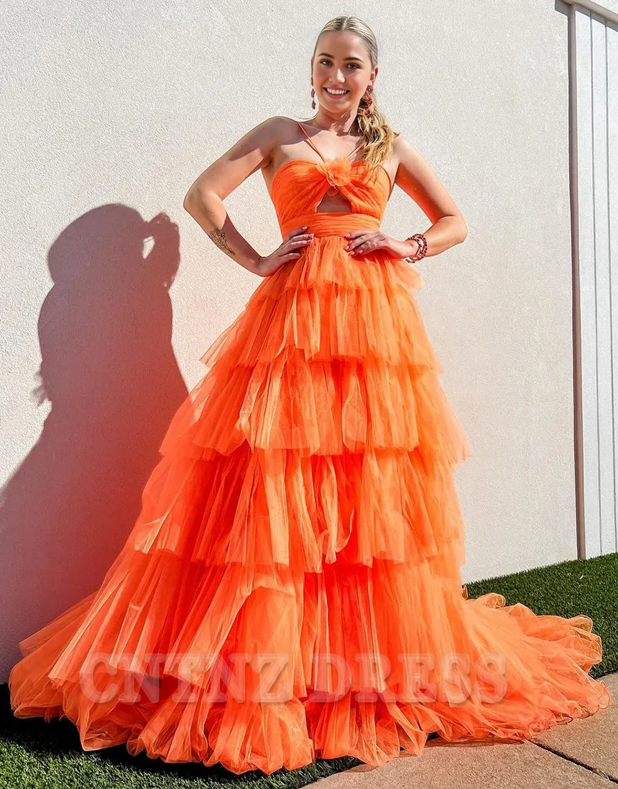 Wholesa A-Line Spaghetti Straps Flower Tiered Tulle Orange Long formal ...
