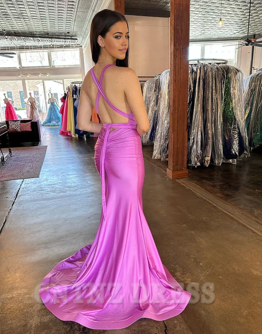 Wholesa Sheath Deep V-Neck Cross Backless Long Satin formal dresses ev ...