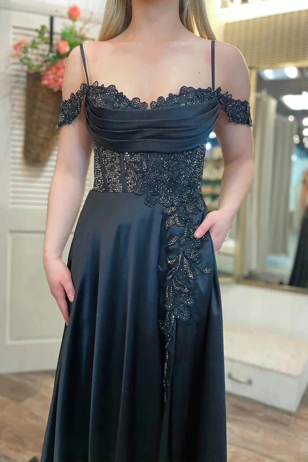 Wholesa A-Line Cold-Shoulder Beaded Split Prom Dress With Pockets ...